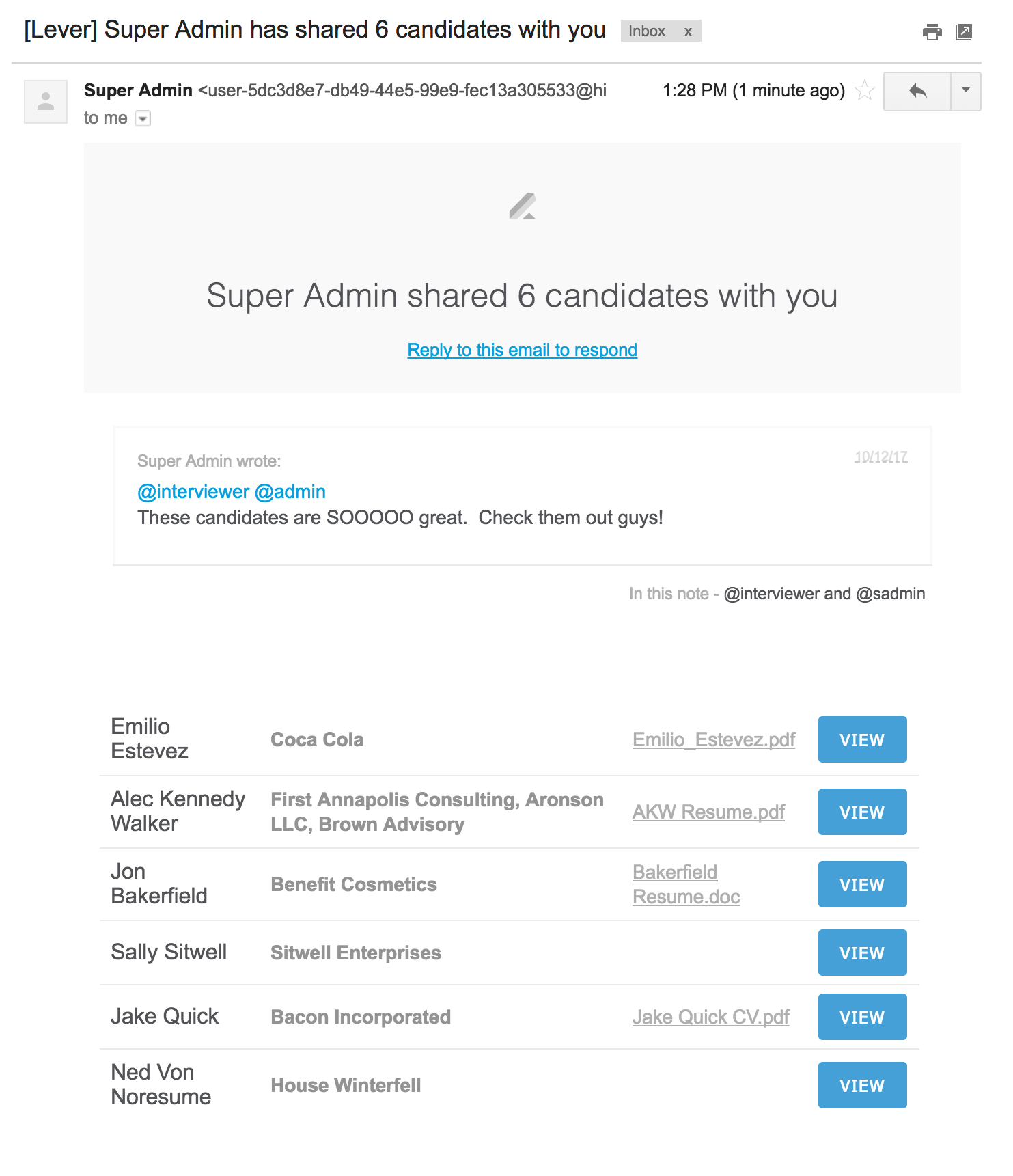 Sharing candidates – Lever Support