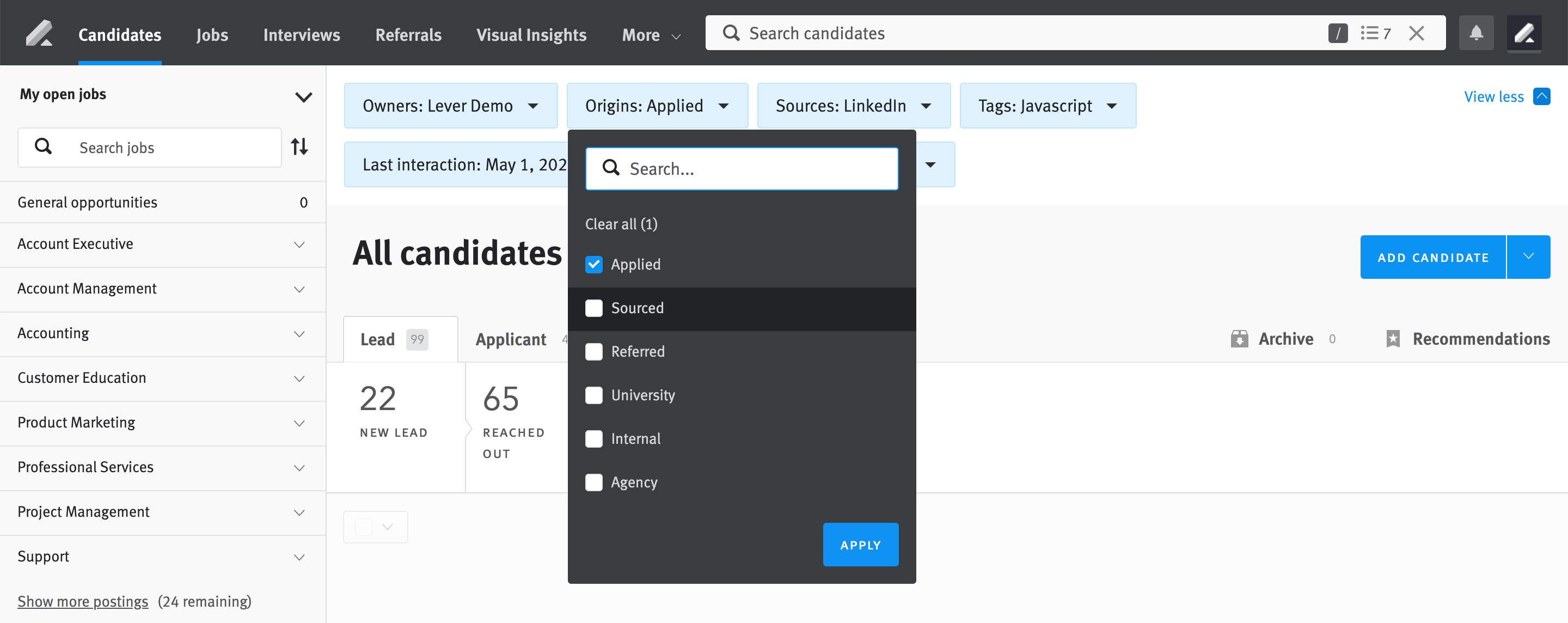 Filtering the candidate pipeline – Lever Support