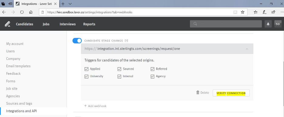 Enabling and using the Sterling RISQ integration – Lever Support