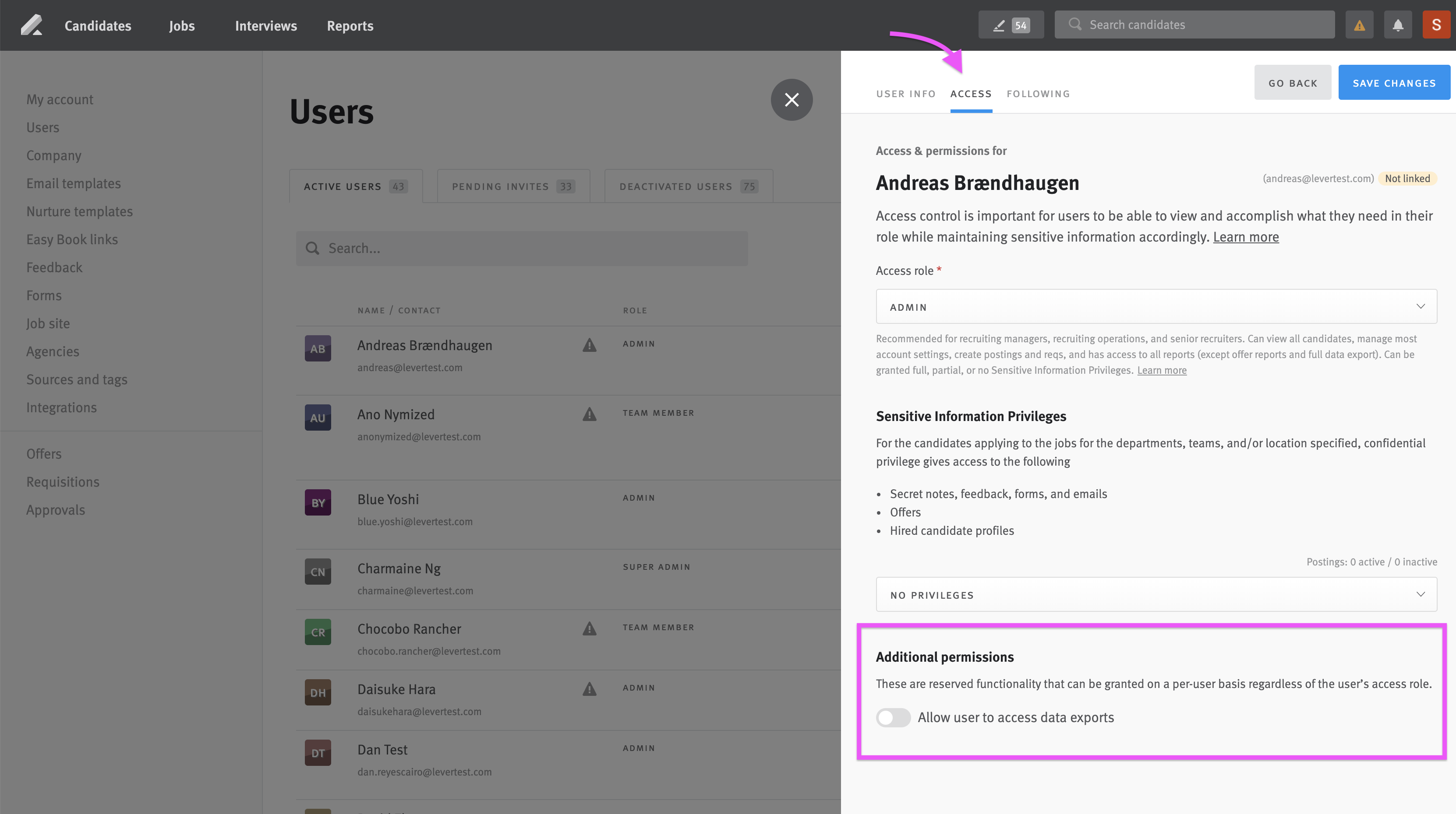 Granting users data export access – Lever Support
