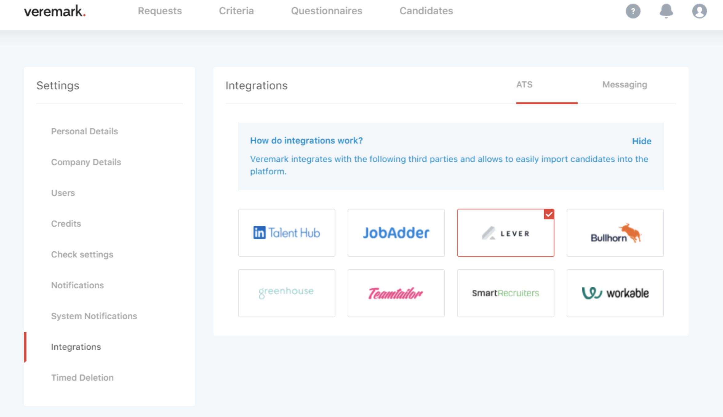 Enabling and using the Veremark integration – Lever Support