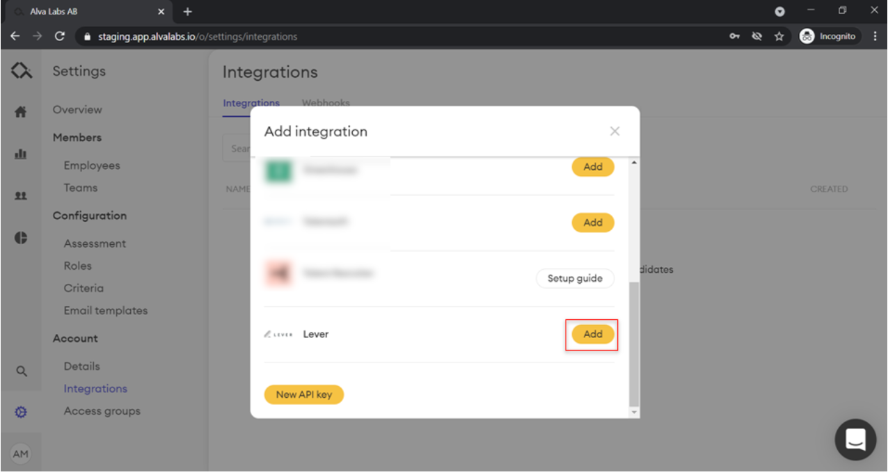 Enabling the Alva Labs integration – Lever Support